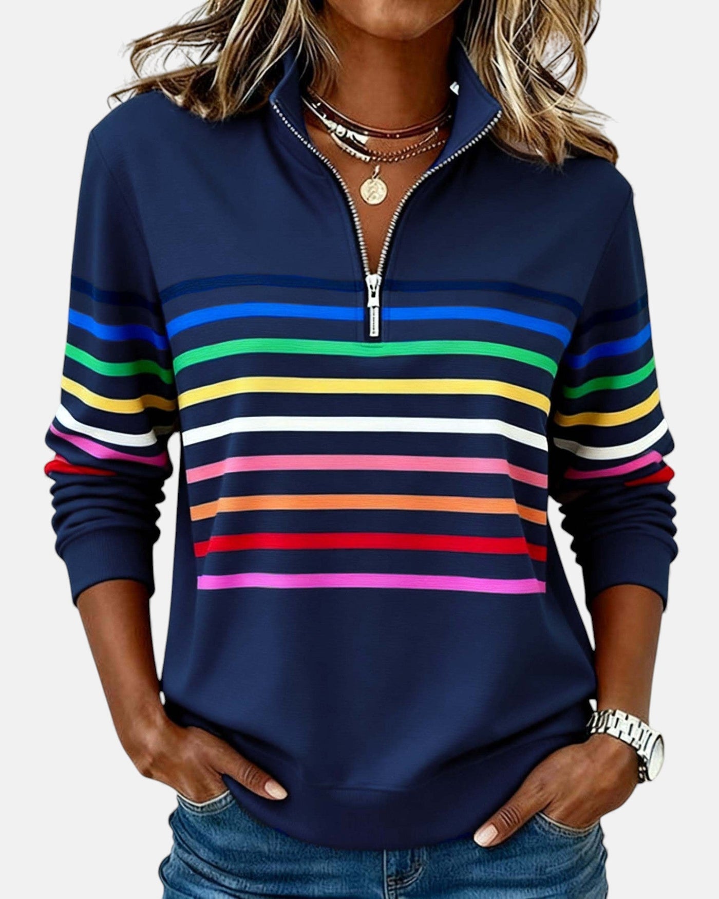 Wren | Rainbow Striped Zip Sweatshirt